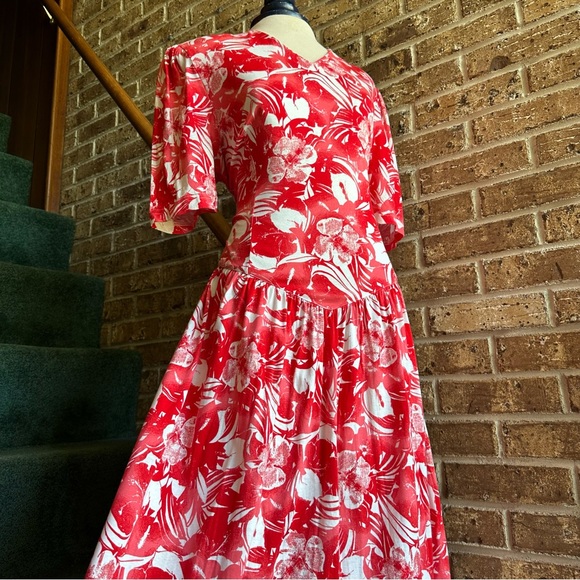Char | Dresses | Vtg 8s Nwt Retro Red White Floral Print Low Back ...